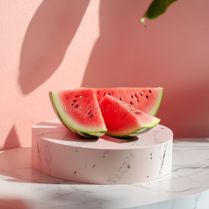 Watermelon on a White Marble Podium with Shadows. 3d Rendering Stock ...