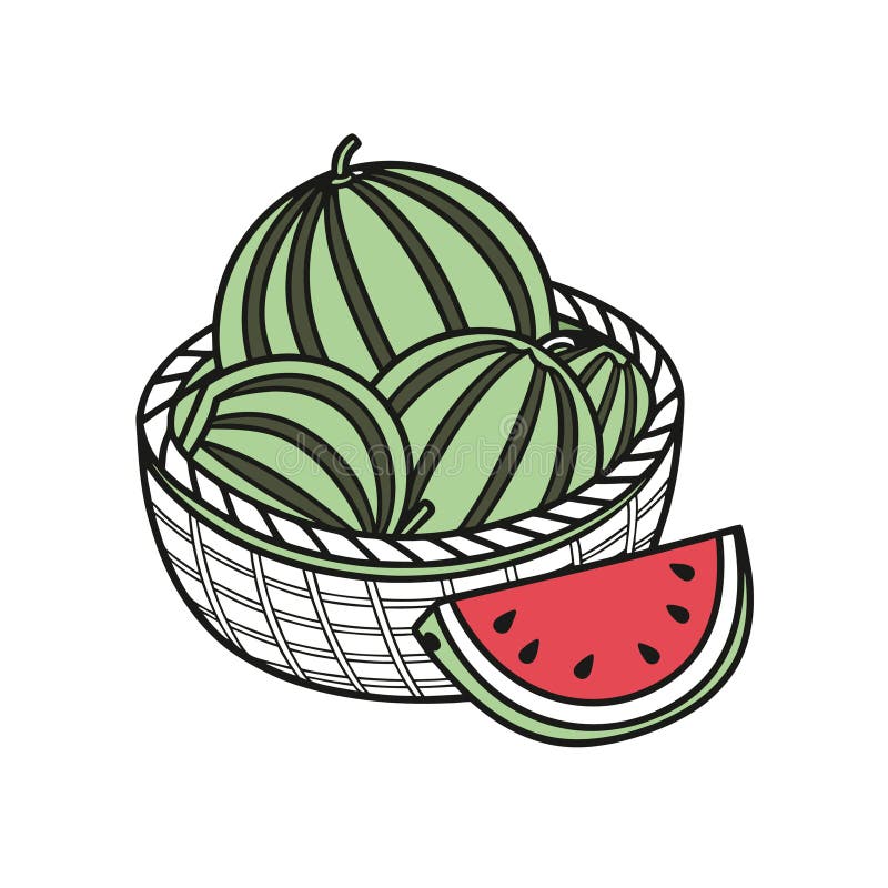 Watermelons in a Basket with Slice Cartoon Illustration Stock ...