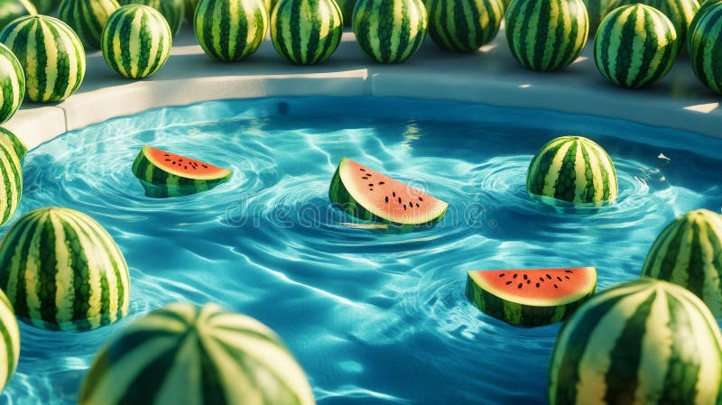 Watermelons Float in a Pool, AI Stock Photo - Image of colours, melon ...