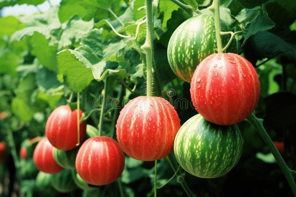 Watermelons Growing on a Vine Stock Illustration - Illustration of ...