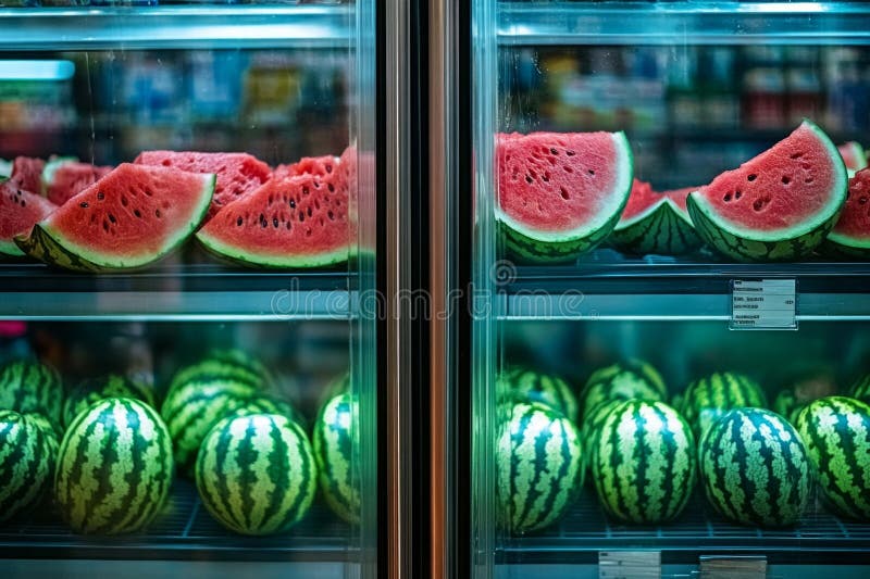 Watermelons and Sliced Melons in Grocery Store Refrigerator Display ...