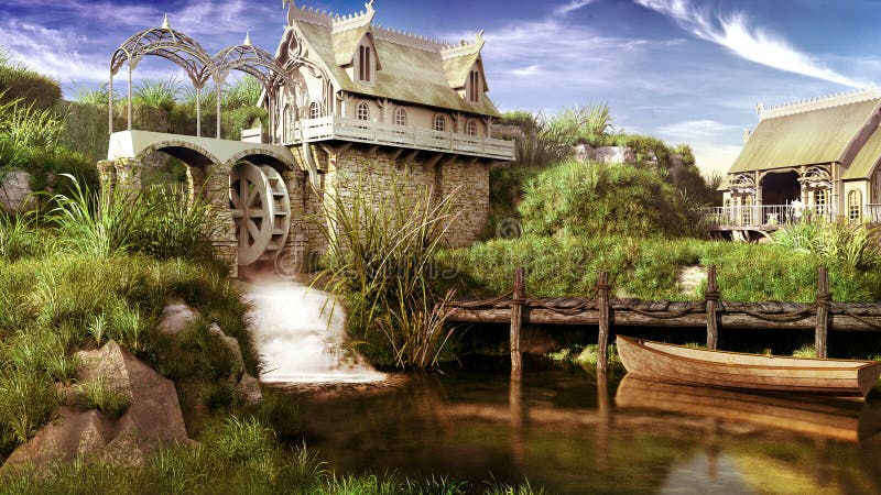 Watermill Do Conto De Fadas Ilustração Stock - Ilustração de artwork ...
