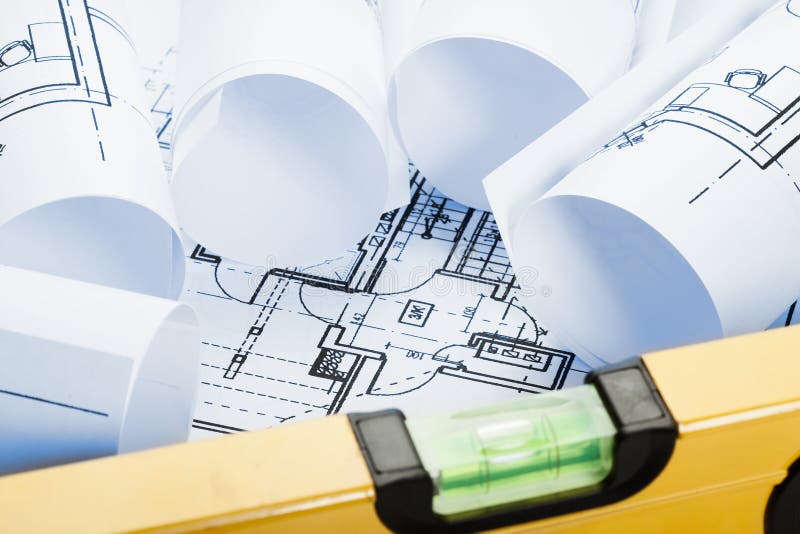 Waterpas En Architectuurblauwdrukken Stock Foto - Image of niveau ...