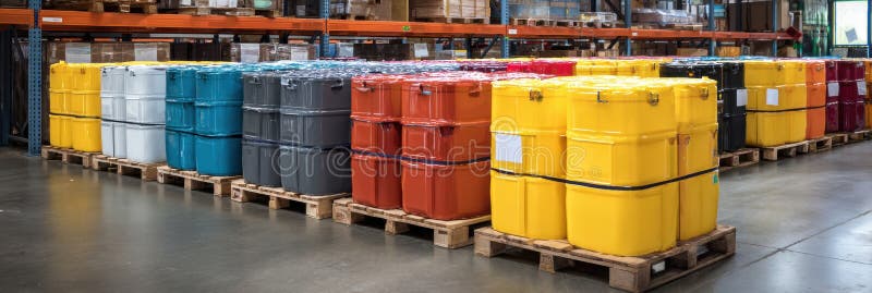 Waterproof Coating Containers Neatly Arranged on Pallets in a Warehouse ...