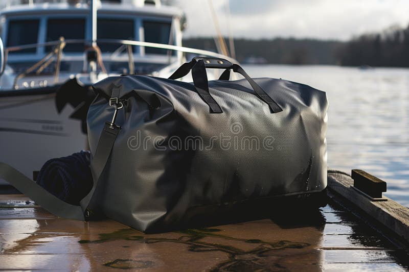 Waterproof Duffel Bag on a Wet Dock beside a Boat Stock Photo - Image ...