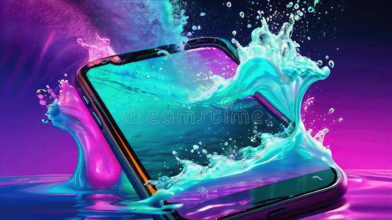 Waterproof Phone in Water Splashes. Holographic Illumination Stock ...