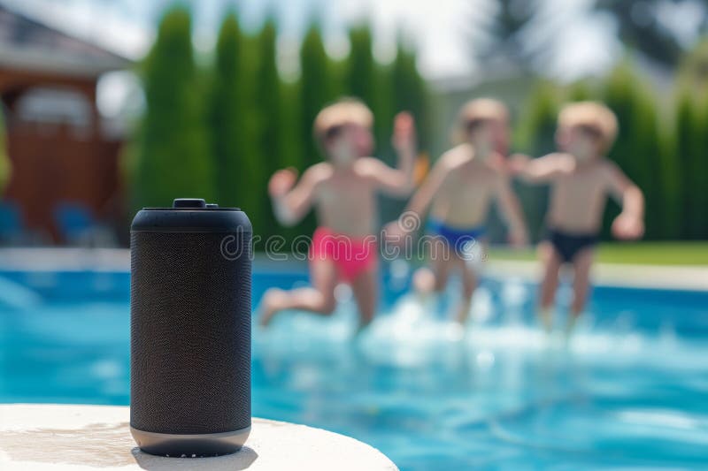Waterproof Speaker by the Pool with Kids Joyfully Dancing in the Water ...