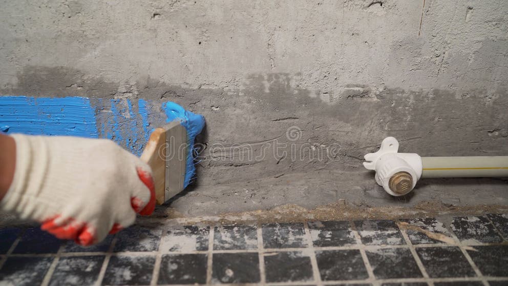 Waterproofing Paint. Floor Waterproofing. Applying Blue Waterproofing ...