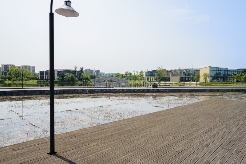Waterside Planked Platform in City on Sunny Summer Day Stock Photo ...