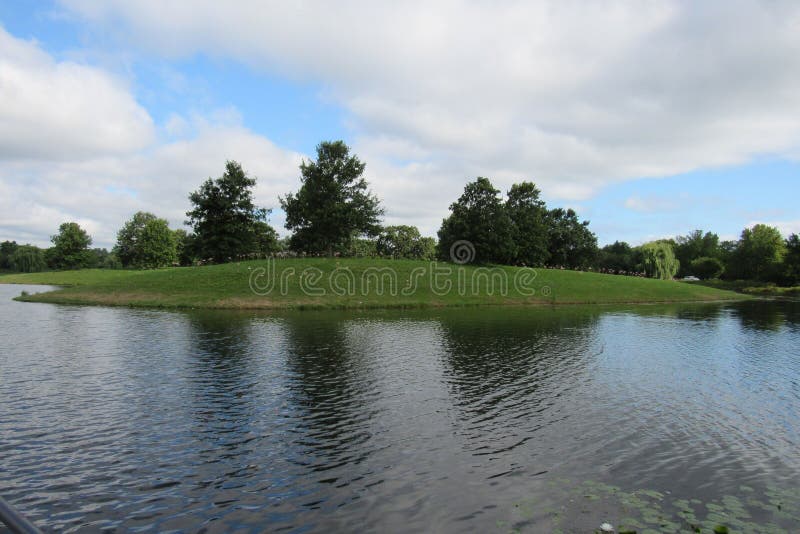 Waterside View of a Grass-covered Slope with Flowers and Trees Under ...