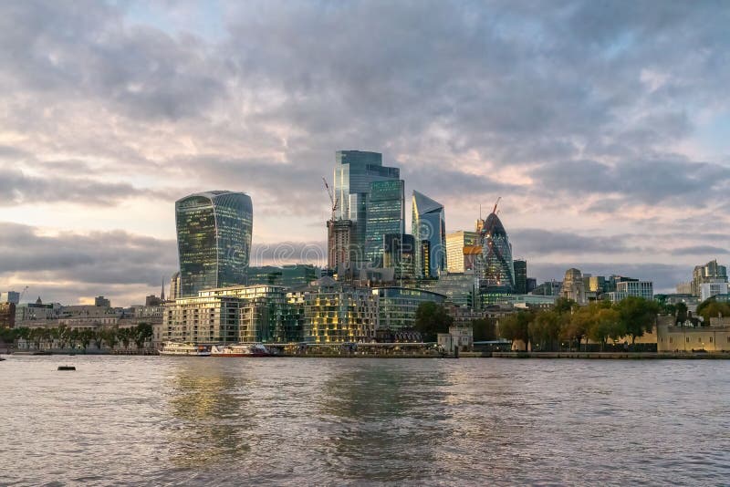 Waterside View of Modern Buildings in London Under the Cloudy Sky Stock ...
