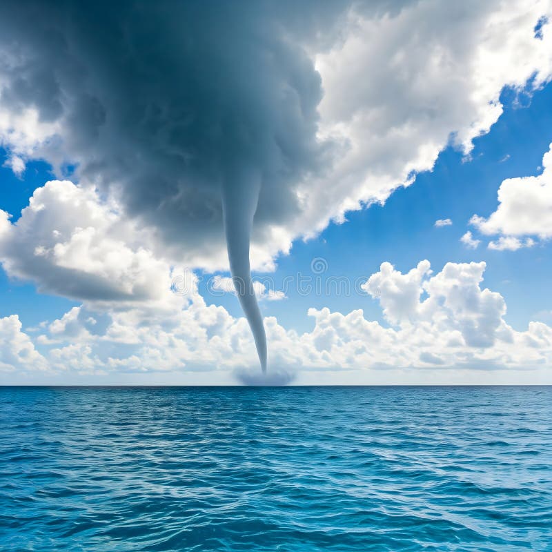 A Waterspout Descends from a Stormy Cloud Over the Ocean, Creating a ...