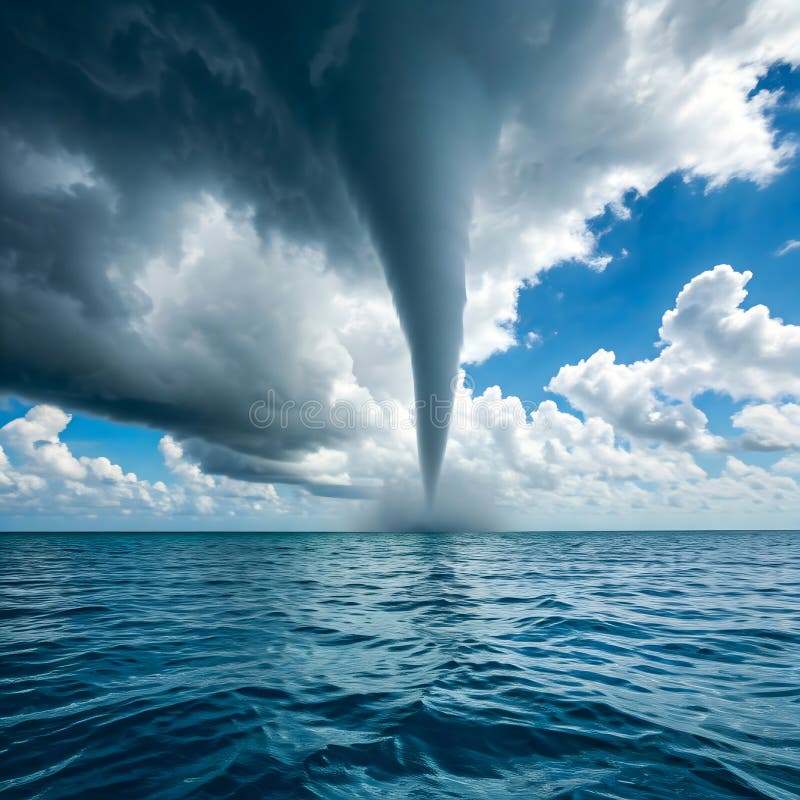 A Waterspout Descends from a Stormy Cloud Over the Ocean, Creating a ...