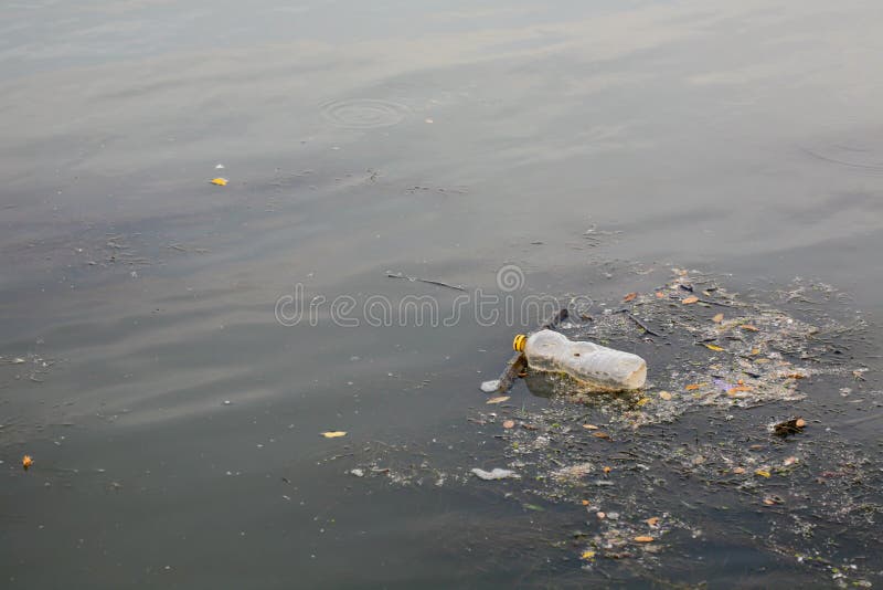 Watervervuiling - Plastic Fles Op Rivieroppervlakte Stock Afbeelding ...