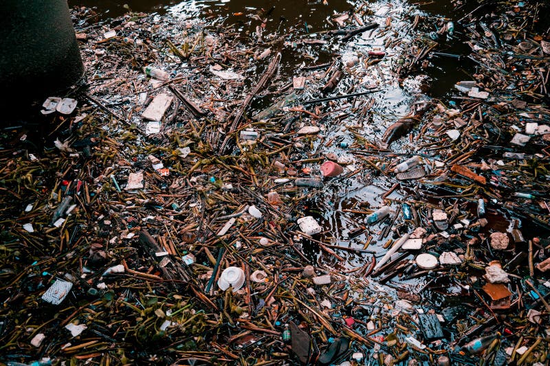 Waterway Clogged with Plastic Pollution and Other Garbage Stock Image ...