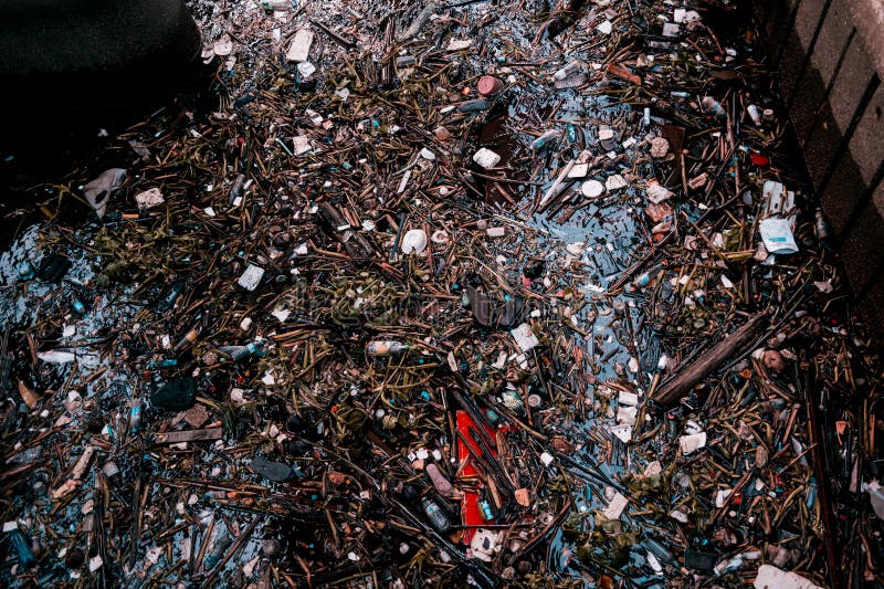 Waterway Clogged with Plastic Pollution and Other Garbage Stock Photo ...