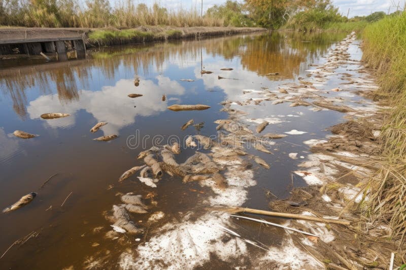 Waterway Polluted by Runoff from Agricultural Field, with Dead Fish on ...