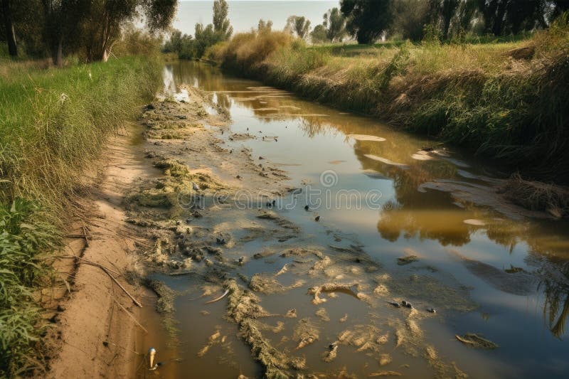 Waterway Polluted by Runoff from Agricultural Field, with Dead Fish on ...