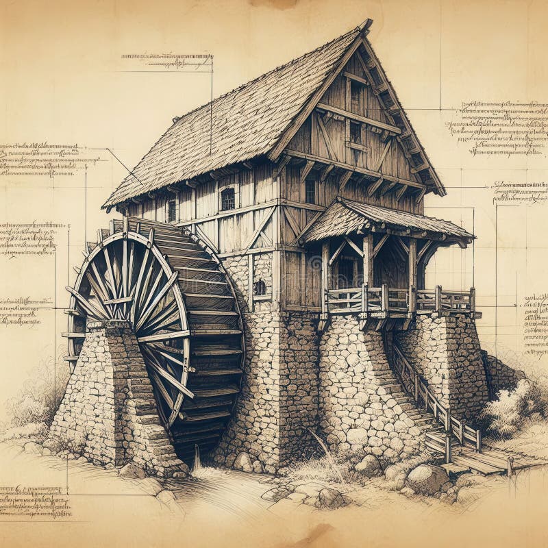 Cross-Sectional Draft of Historic Watermill Wheel Stock Illustration ...