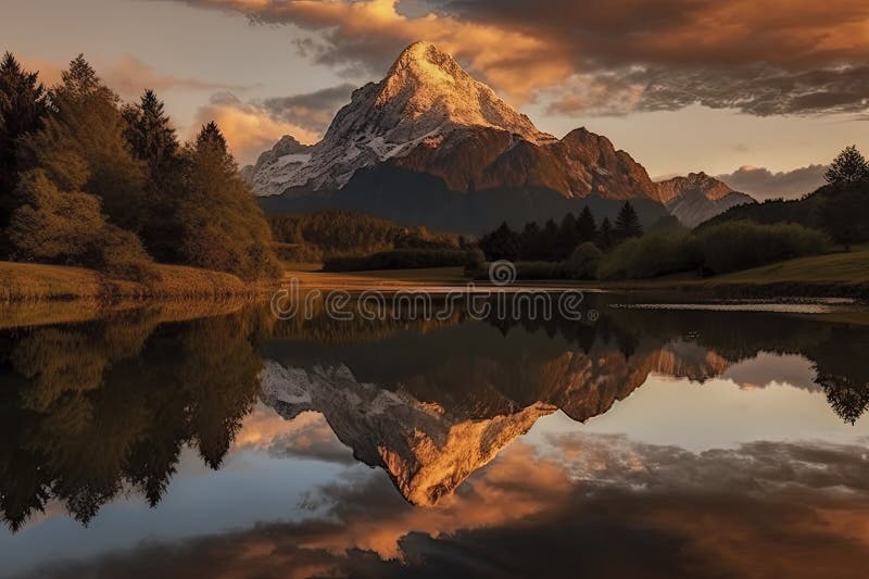 Watzmann in Alps, Dramatic Reflection at Sunset Stock Illustration ...