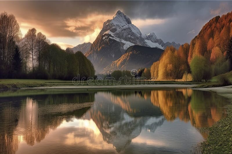 Watzmann in Alps, Dramatic Reflection at Sunset Stock Illustration ...