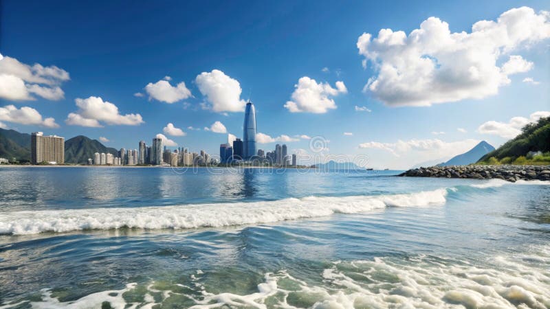A Wave Breaks Gently on a Shoreline with a City Skyline in the Distance ...