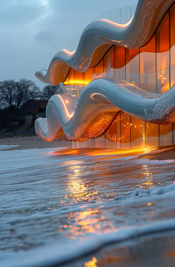 The Wave and the Building at Sunset Stock Image - Image of snow ...