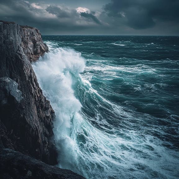 Big Wave Collapsing at a Rock Created by Ai Stock Image - Image of ...