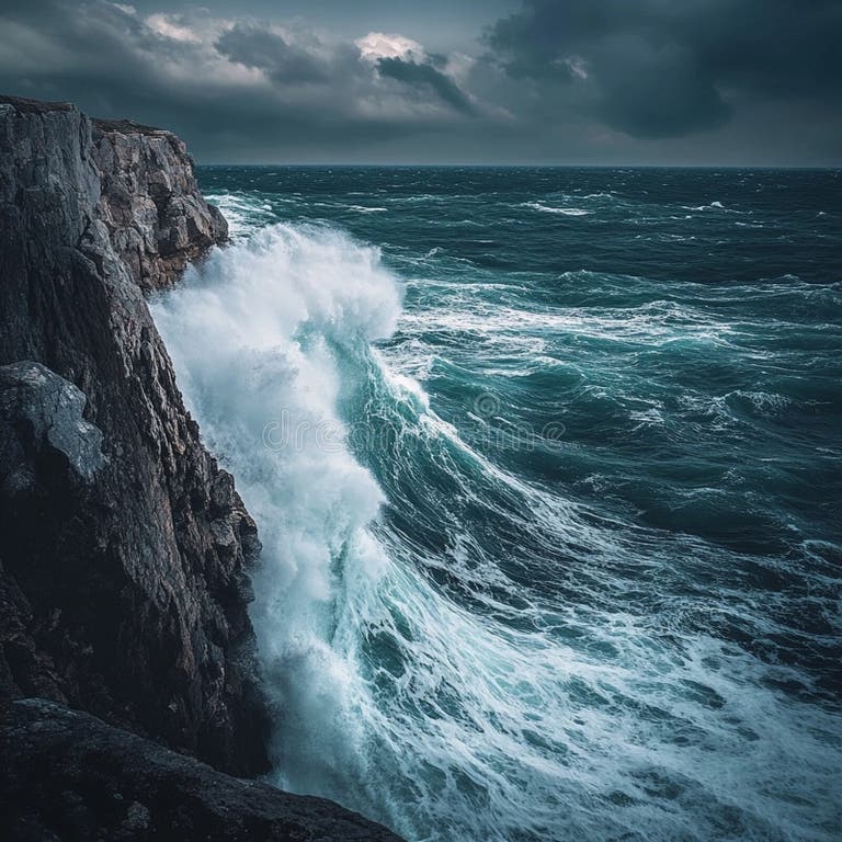 Big Wave Collapsing at a Rock Created by Ai Stock Image - Image of ...