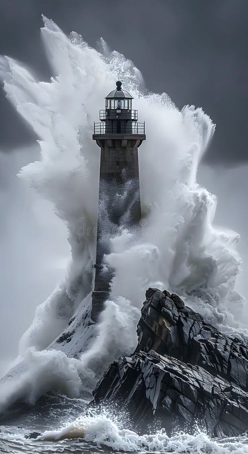 The Wave Crashes Against the Rock with the Lighthouse Stock Image ...