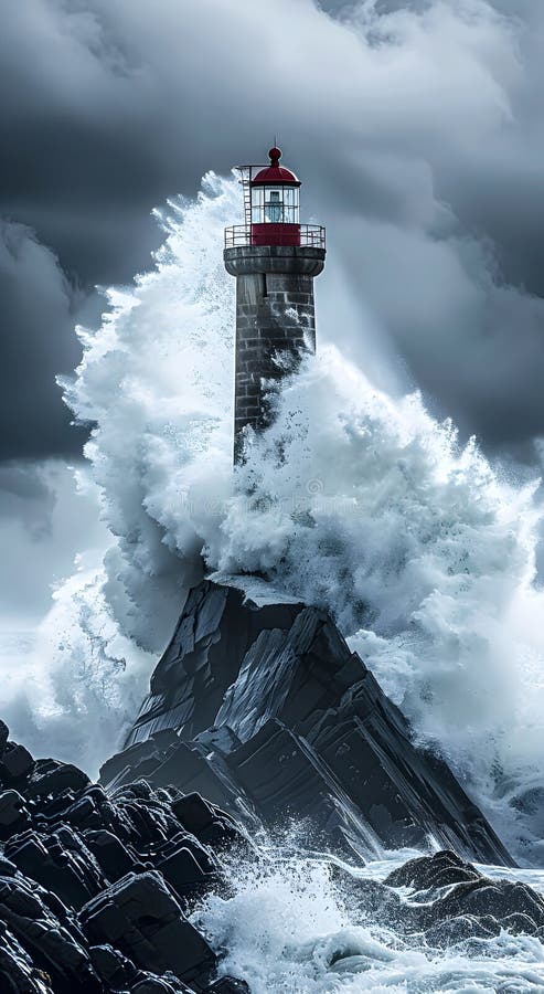 The Wave Crashes Against the Rock with the Lighthouse Stock Photo ...