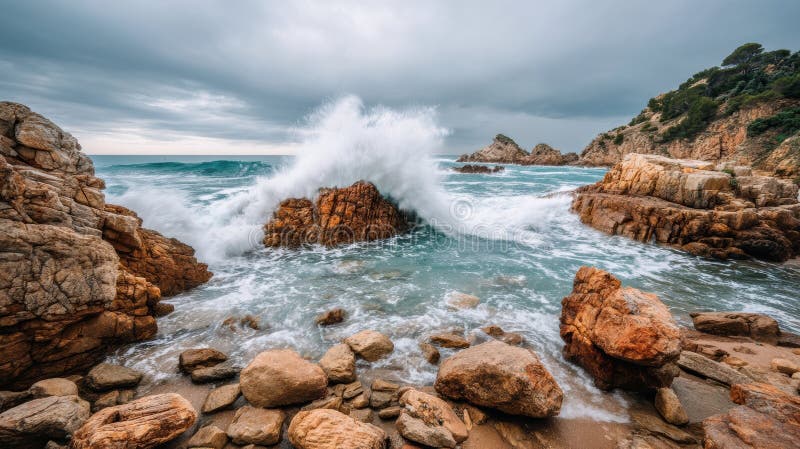 Wave Crashes Against Rocky Cliffs of Costa Brava Showcasing Natures ...
