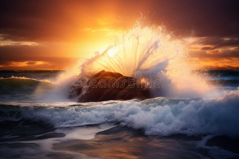 A Wave Crashing into a Rock Stock Illustration - Illustration of ocean ...