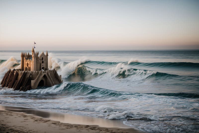 A Wave Cresting Over a Sandcastle Crumbling the Towers Stock ...