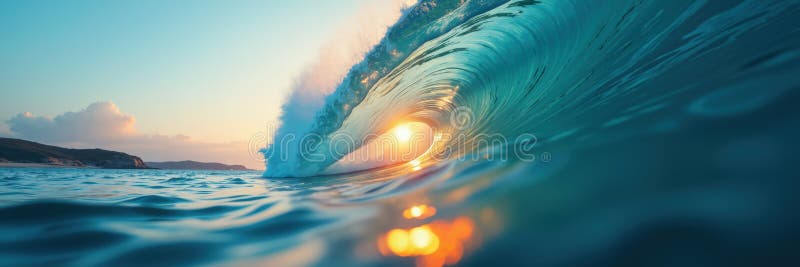 A wave curls at sunset stock illustration. Illustration of sunset ...