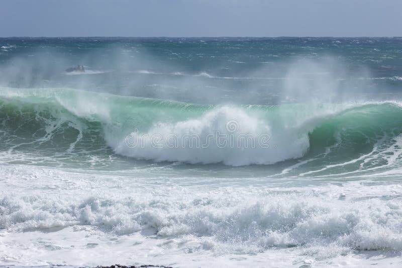 A Large Wave Breaks and Throws Up Wind Driven Spray in Rough, Pre ...