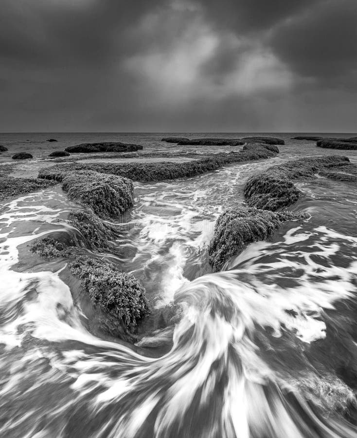 Wave Flow Beach Ocean in Black and White Stock Photo - Image of ocean ...