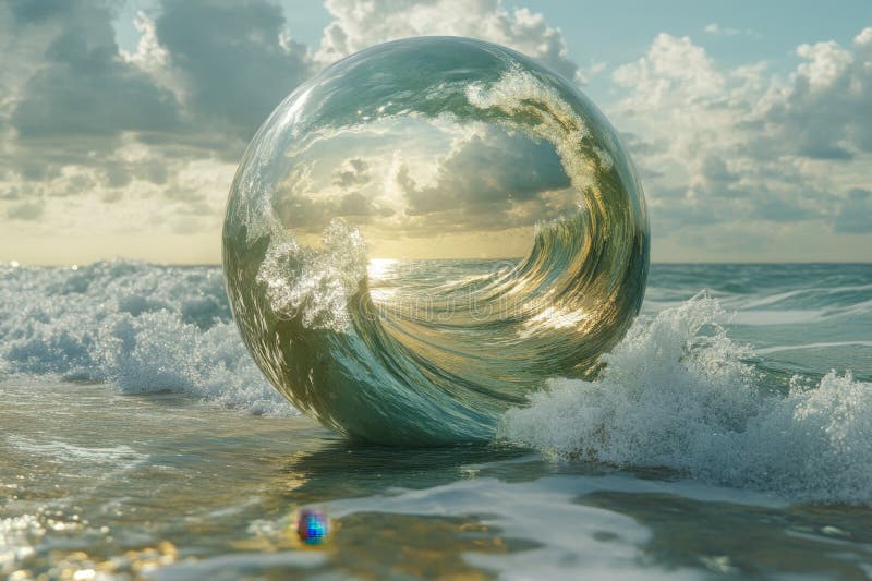 Wave in a Glass Sphere Reflects a Coastal Sunset with Clouds and ...