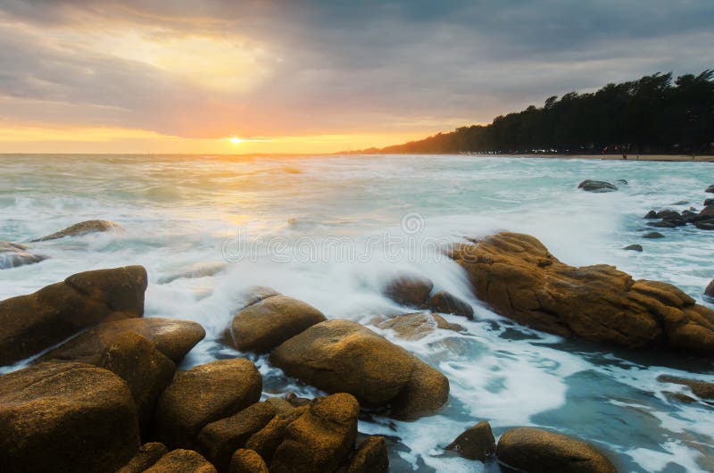 Wave Hit Rock in Sunset Time Seascape. Stock Image - Image of stone ...