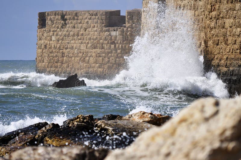 Wave hitting catle walls stock image. Image of front - 14993779