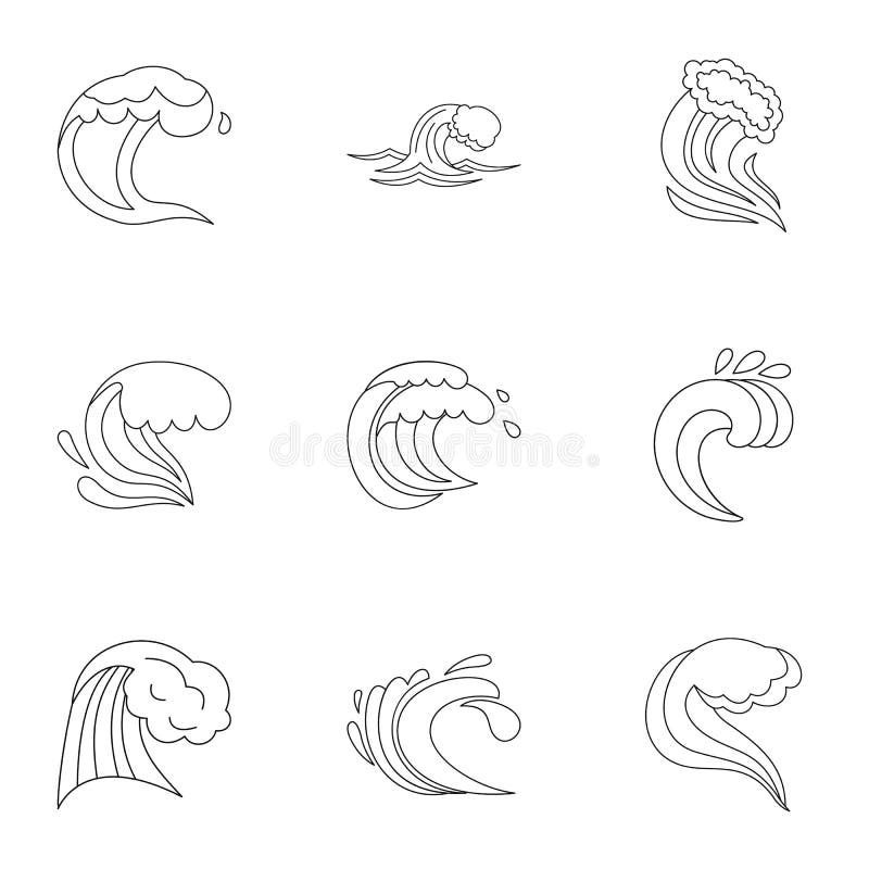 Wave Icons Set, Outline Style Stock Vector - Illustration of beach ...