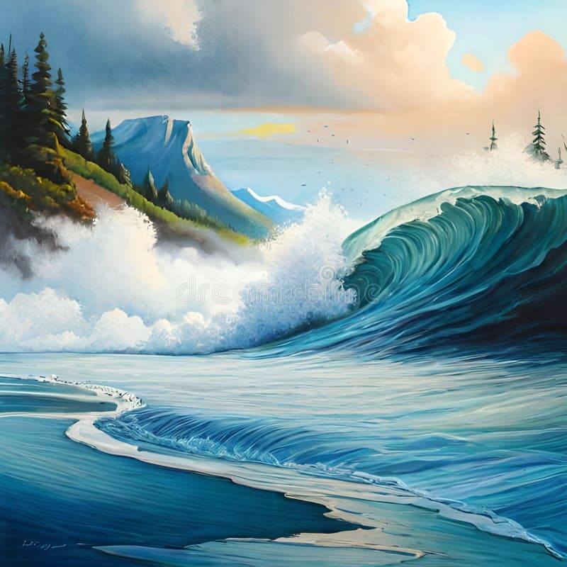 Wave Island Drawing Water Color Generative AI Stock Illustration ...