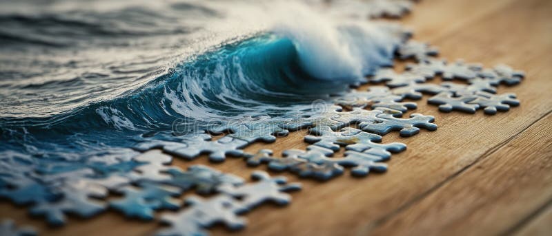 Puzzle Pieces Forming Wave on Wooden Surface Stock Image - Image of ...