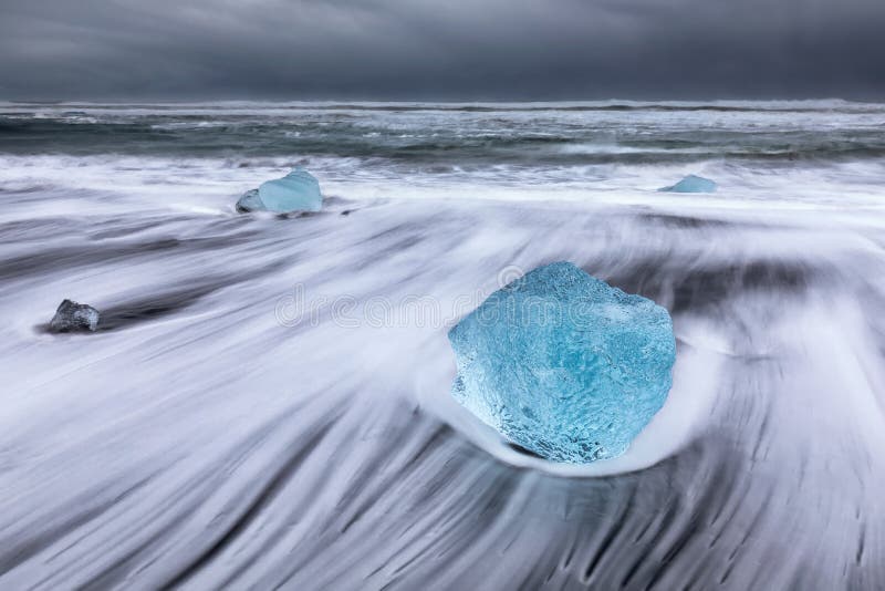 Wave Lines in Diamond Beach, Ice Blocks in the Beach Stock Image ...