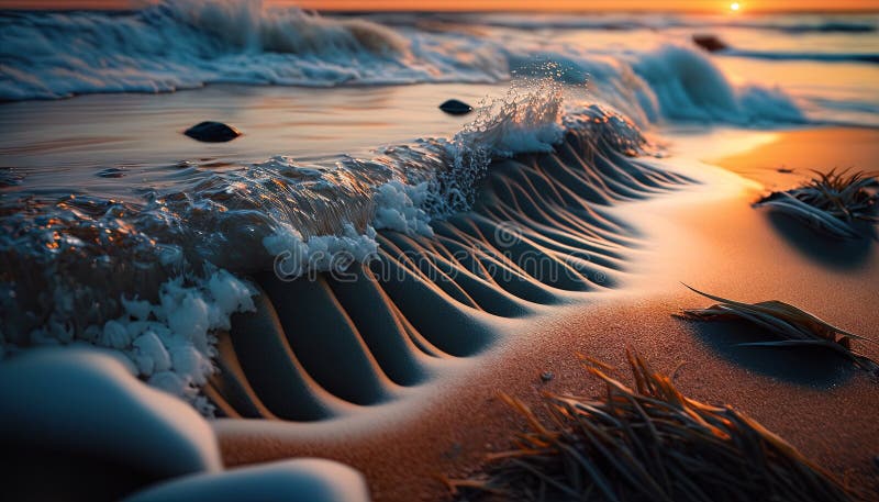 A Wave Rolls in on the Beach As the Sun Sets. Stock Illustration ...
