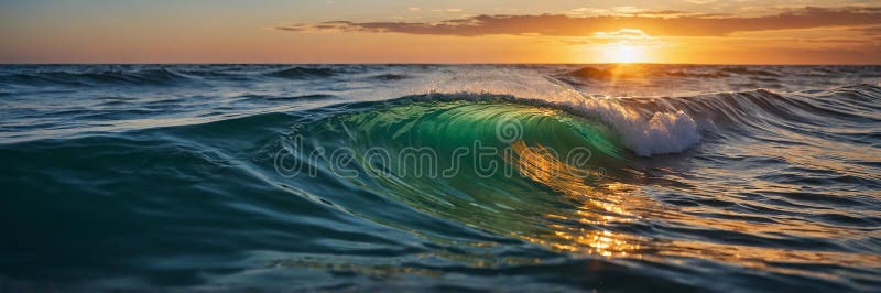 Wave Splashing in Sea or Ocean on Sunset. Horizontal Banner. Panoramic ...
