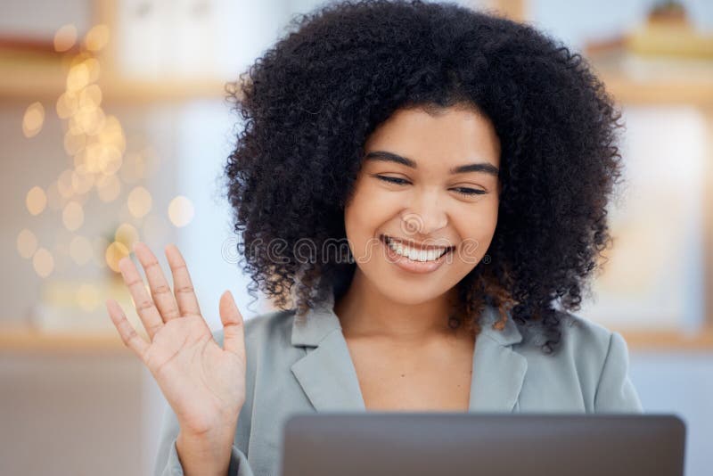 Wave, Video Call and Communication with a Black Woman in Business ...
