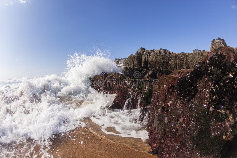 Wave White Water Crashing Rocks Beach Stock Image - Image of energy ...