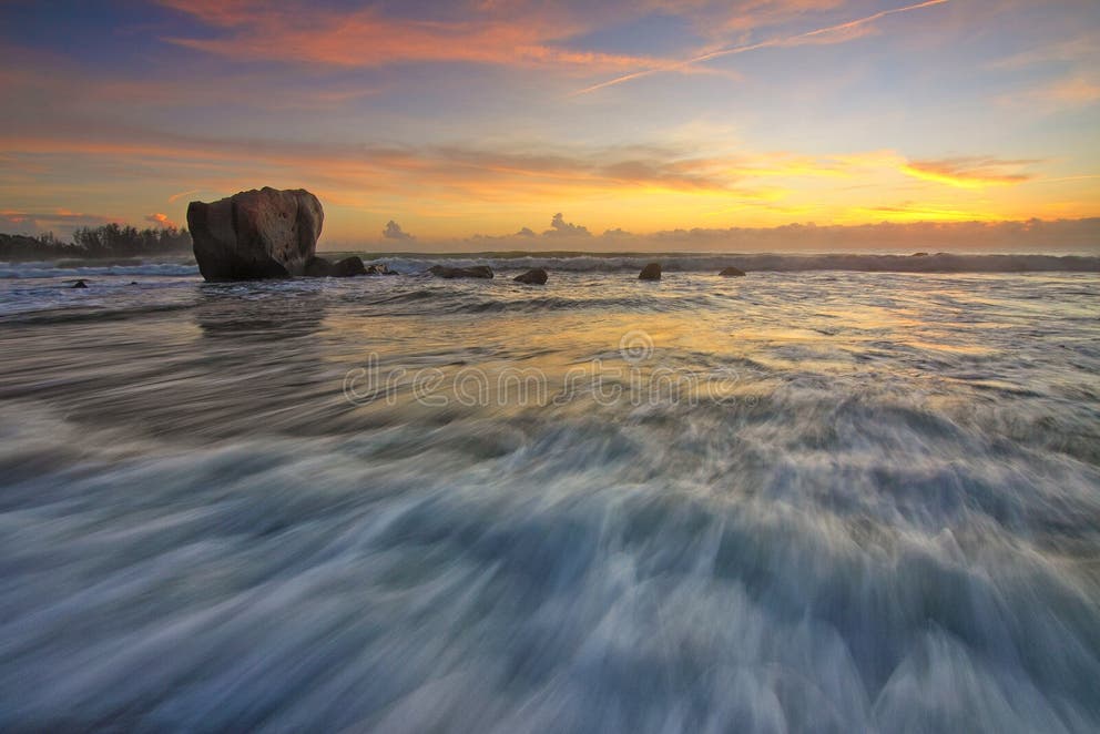 Waves on Beach with Rock at Sunset Stock Image - Image of holiday ...