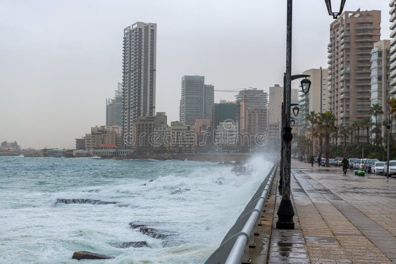 Waves at Beirut Manara Corniche Stock Image - Image of manara, storm ...